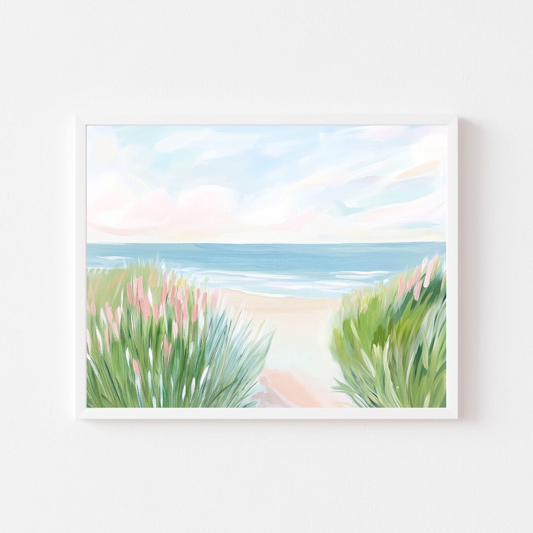 Soft Pastel Beach Path Painting | Dune Grass Landscape Printable | Pink ...