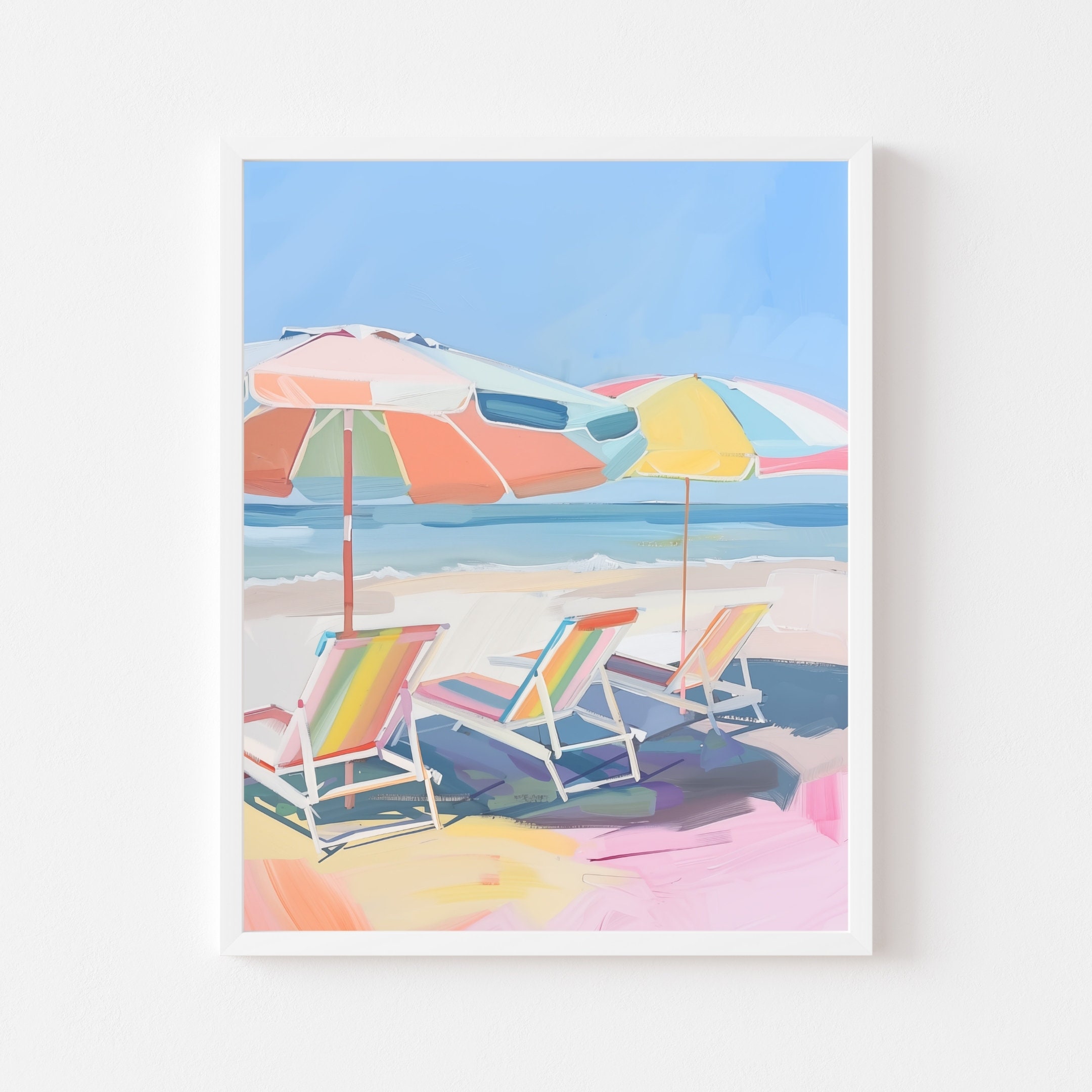 Rainbow Beach Umbrella Painting Trendy Coastal House Wall Art Print ...