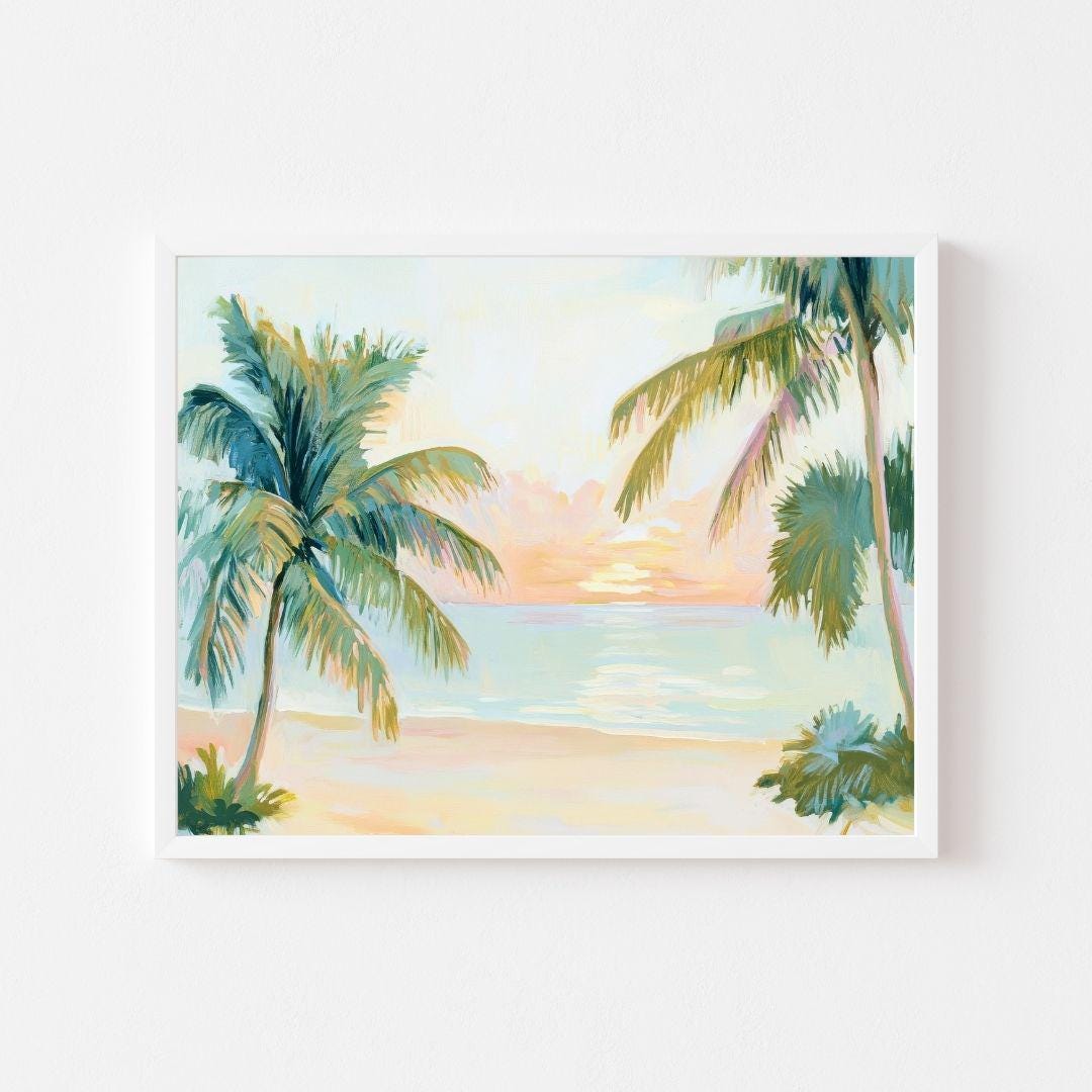 Pastel Palm Tree Sunset Painting | Tropical Coastal Seascape Printable ...