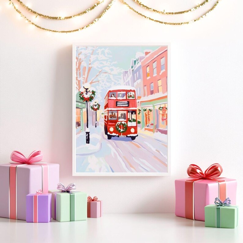Christmas in London Print: Pink Winter Bus, Snowy City (digital ...
