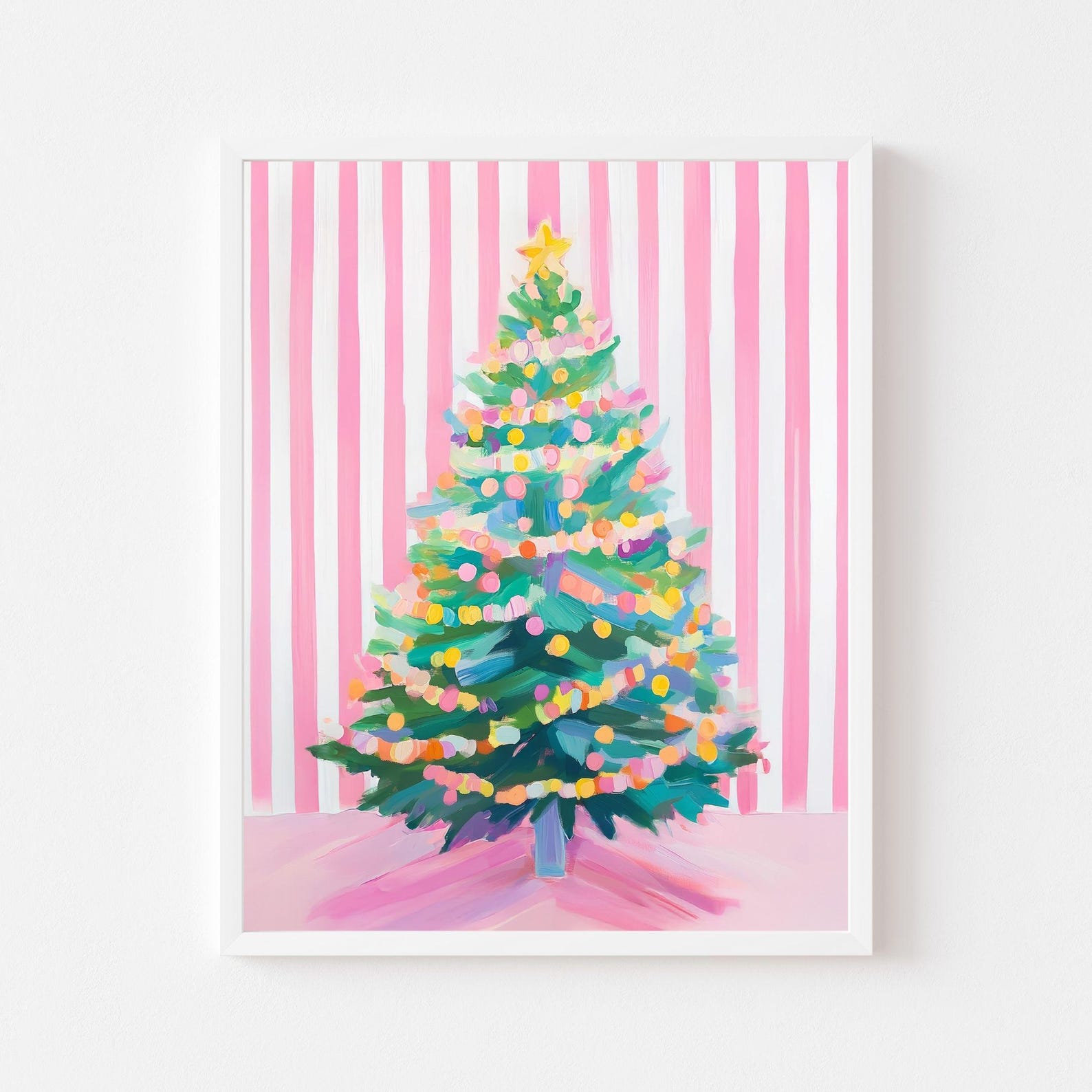 Pink Striped Christmas Tree Art Print: Colorful Holiday Wall Decor ...