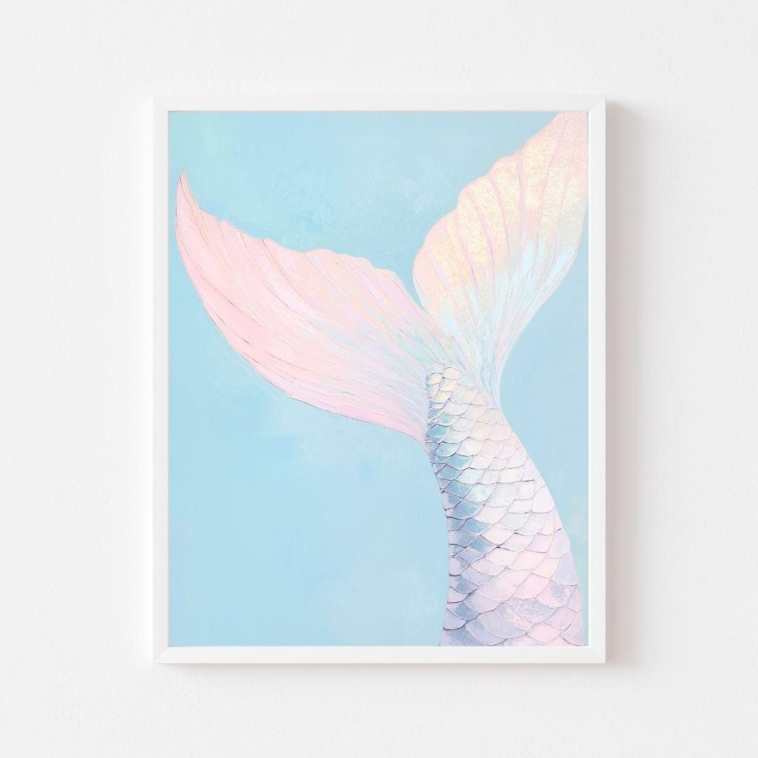 Pastel Mermaid Tail Wall Art Print | Pink Coastal Girl's Room Painting ...