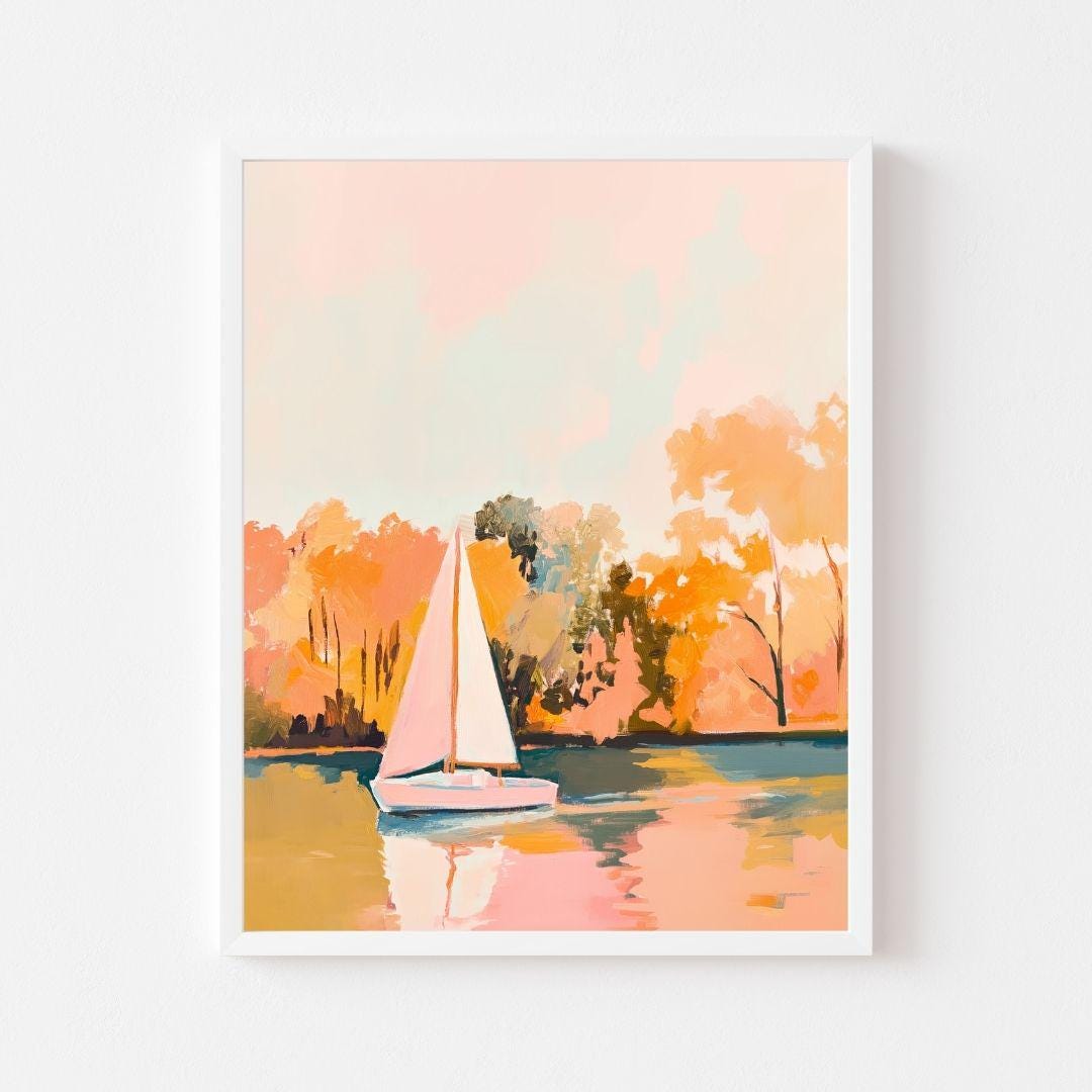 Colorful Autumn Sailboat Painting | Coastal Boat Wall Art Print | Fall ...
