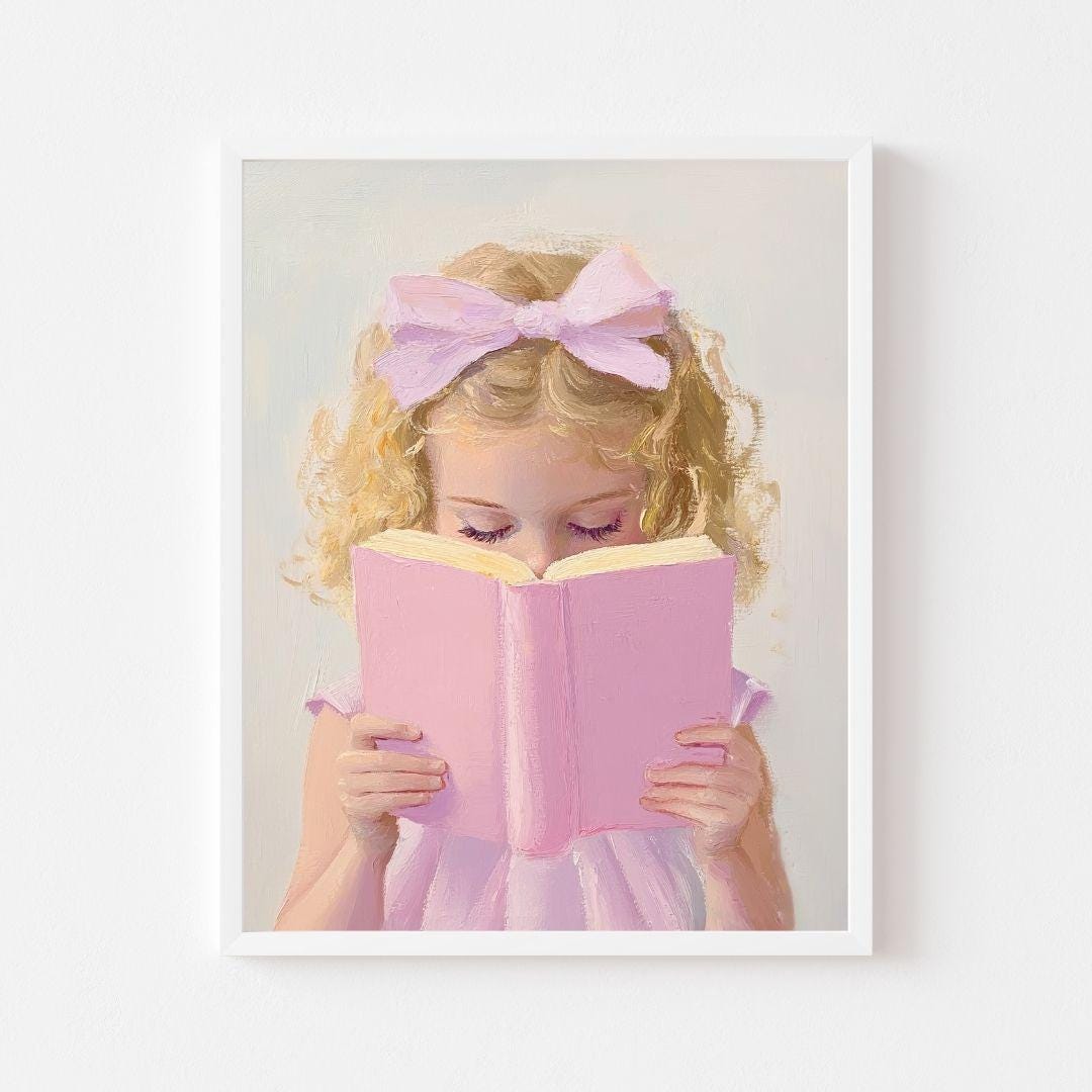 Blonde Girl Reading Painting: Pastel Pink Book Nook Art (digital ...