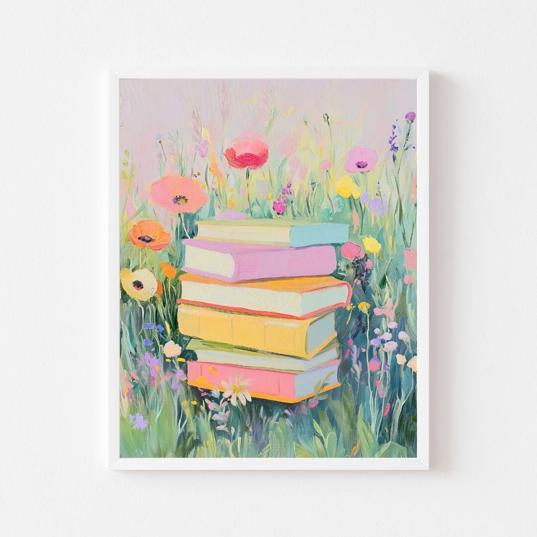 Floral Book Stack Print: Colorful Reading Nook Art (digital Download ...