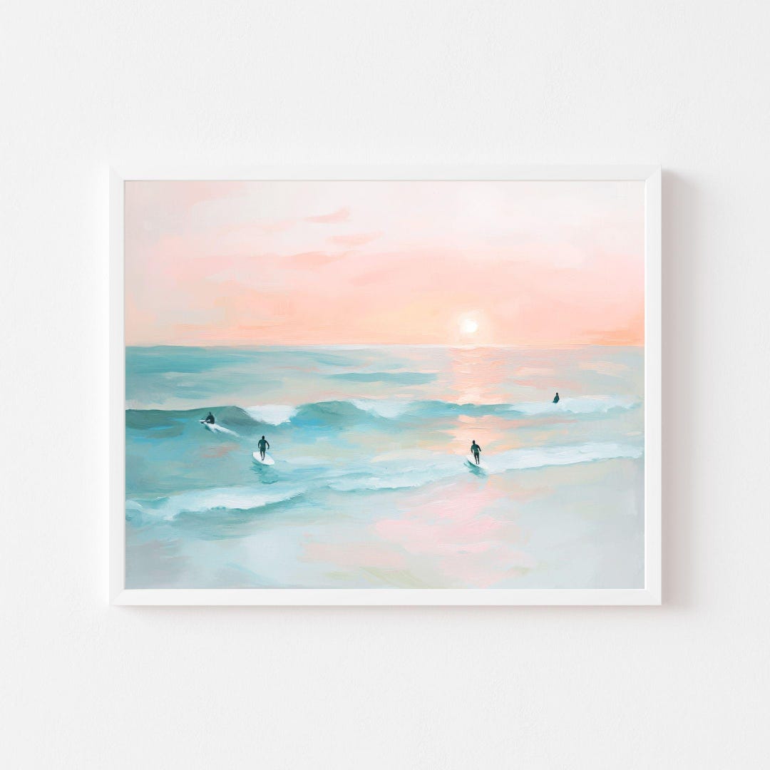 Pastel Surfing Seascape Wall Art Print | Beach House Kid's Room Surf ...