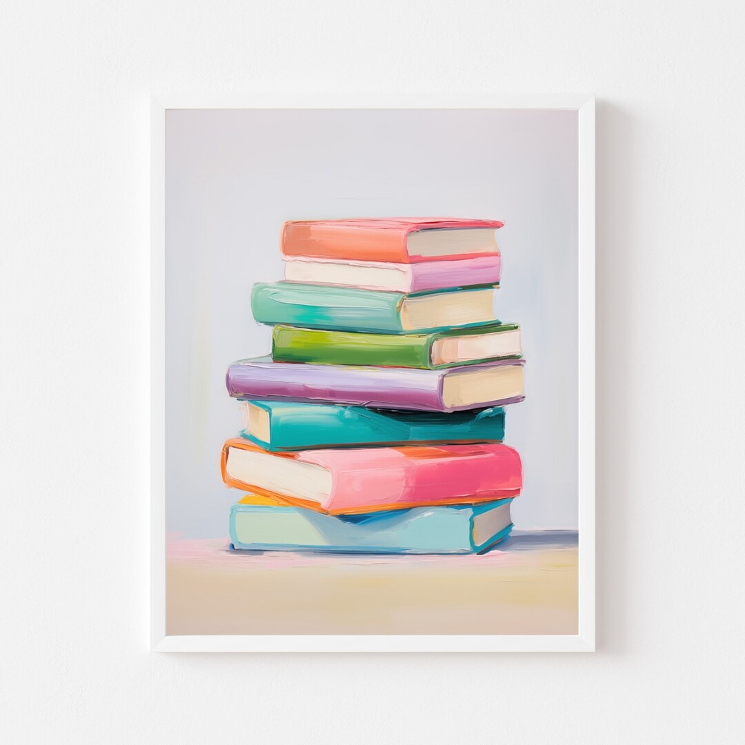 Colorful Book Stack Painting | Pastel Classroom Library Wall Art Print ...