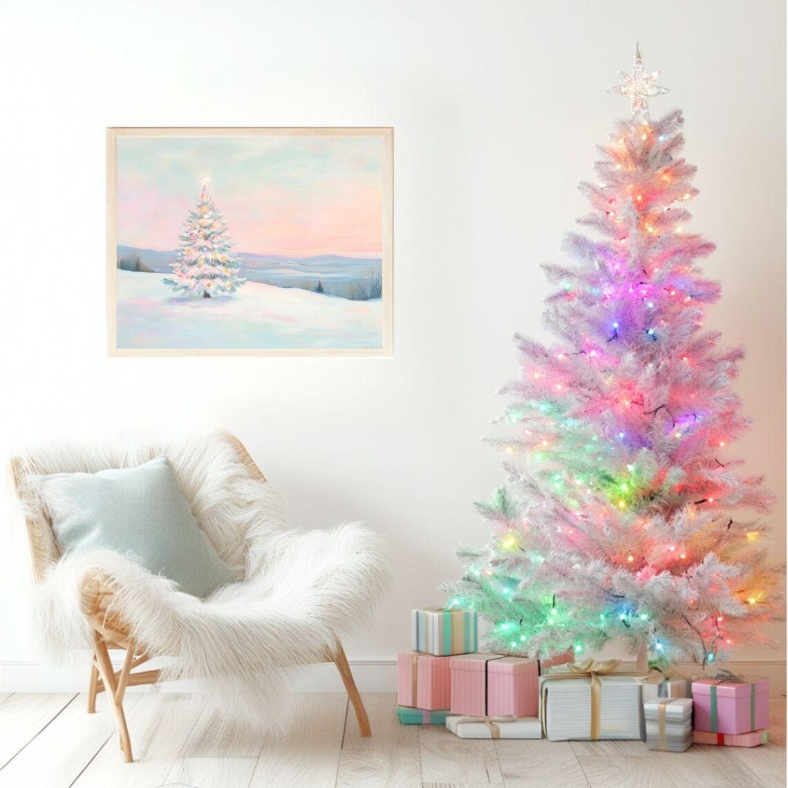 Pastel Christmas Tree Landscape Print: Snowy Winter Scenery (digital ...