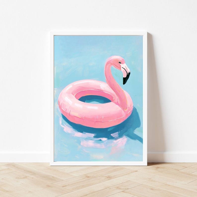 Flamingo Pool Float Art Print: Pink Summer Coastal Decor (digital ...
