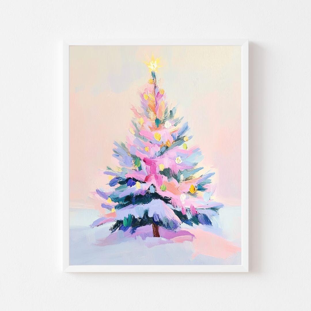 Pastel Christmas Tree Painting: Rainbow Lights Holiday Print (digital ...