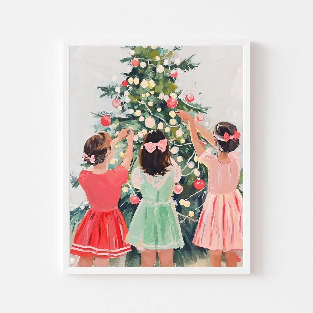 Three Girls Decorating Christmas Tree Painting | Sisters Holiday Wall ...