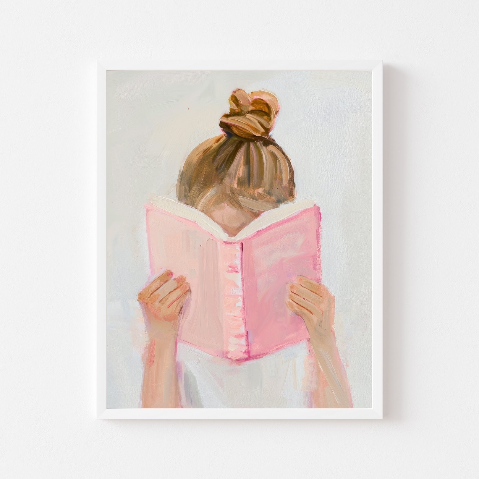 Girl Reading Pink Book Art Print: Pastel Library Painting (digital ...