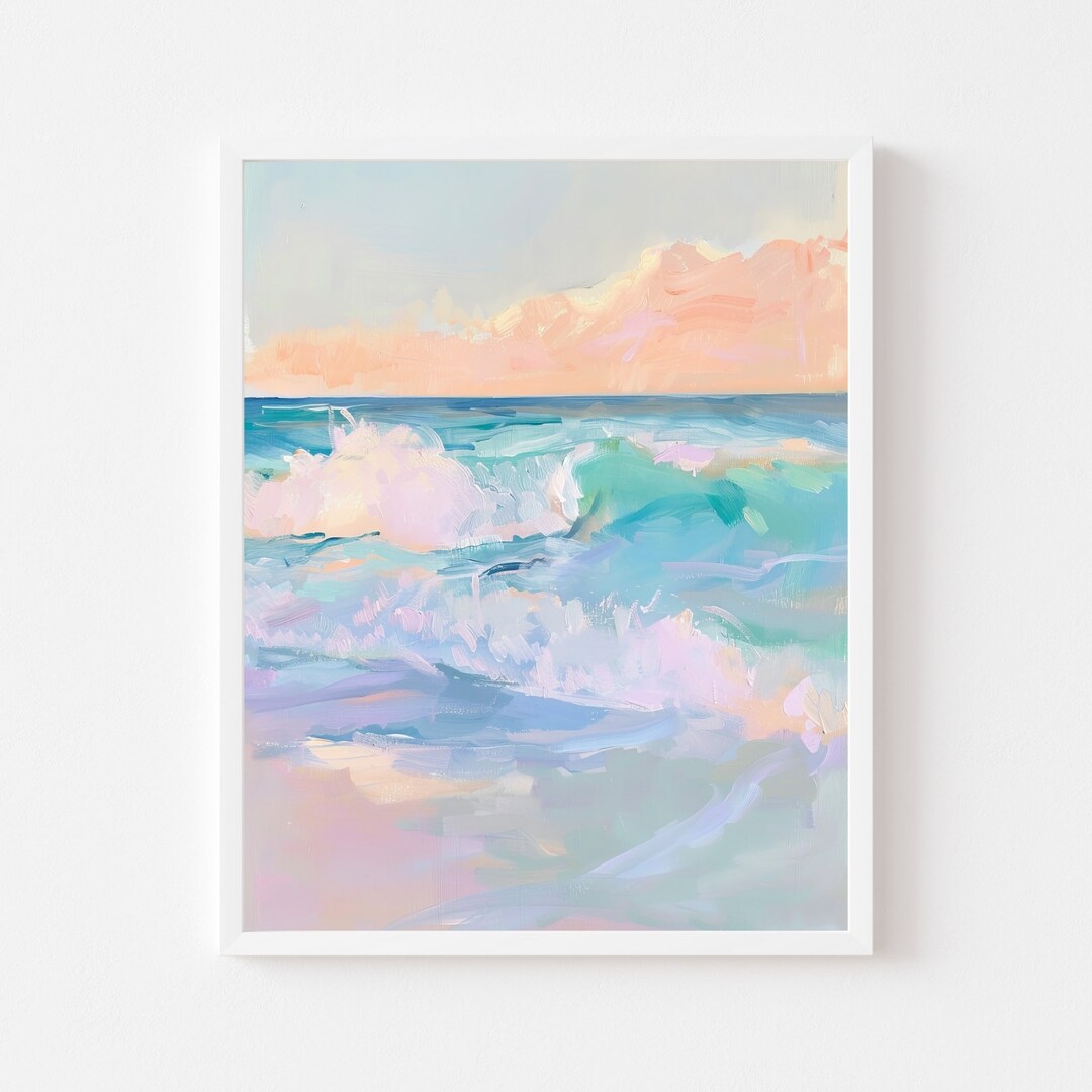 Pastel Ocean Waves Art Print: Pink Sunset Seascape (digital Download ...
