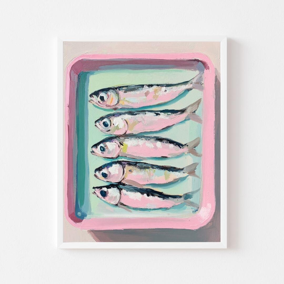 Pink Sardine Tin Painting | Pastel Kitchen Fish Wall Art Print ...