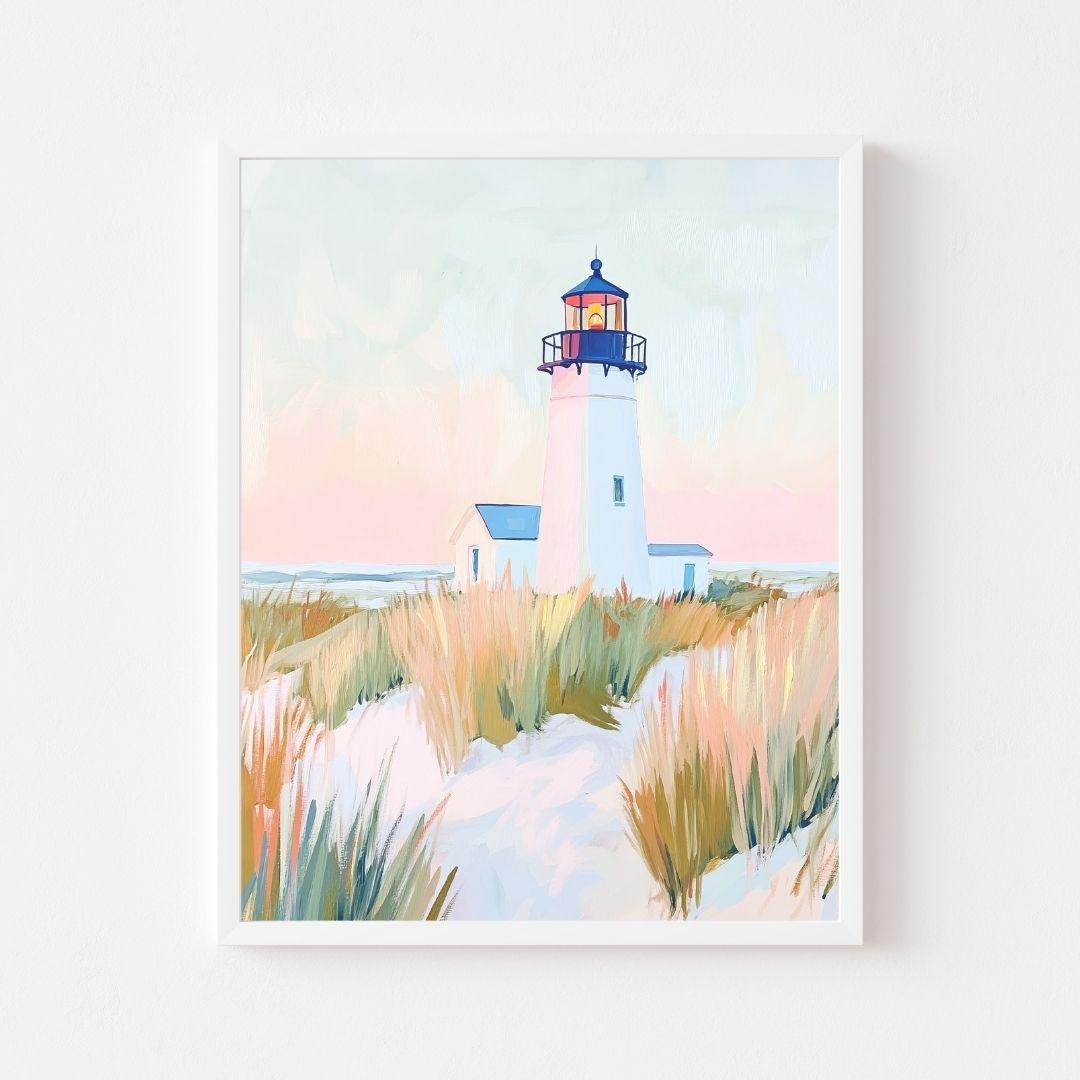 Pastel Lighthouse in the Dunes Painting | Pink Coastal Summer Wall Art ...