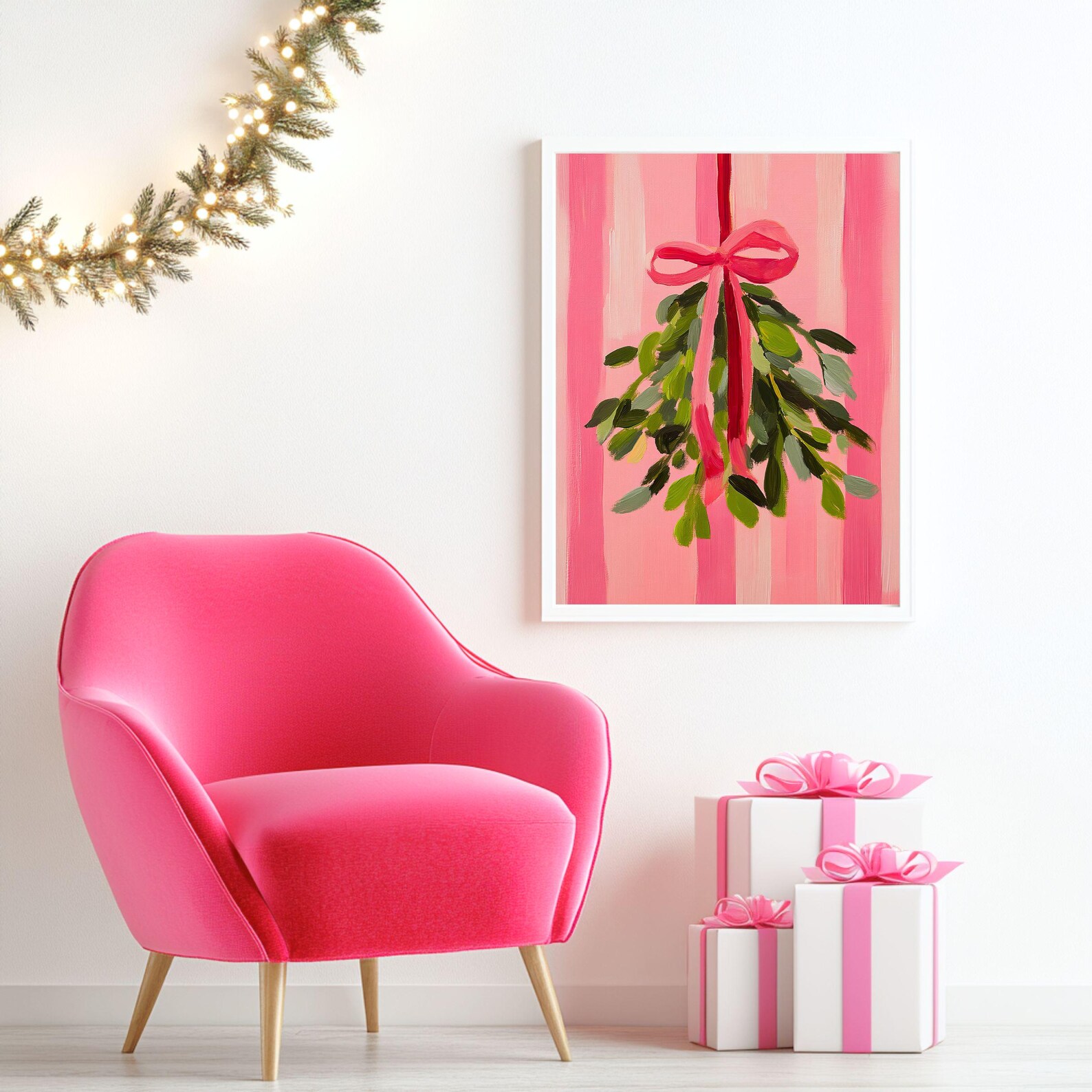 Mistletoe Christmas Print: Pink Stripes, Red Bow (digital Download) - Etsy