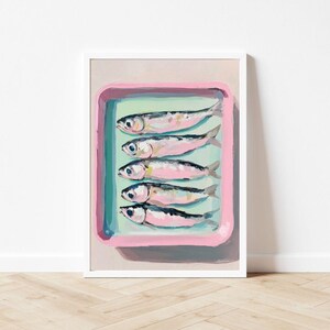 Pink Sardine Tin Painting | Pastel Kitchen Fish Wall Art Print ...