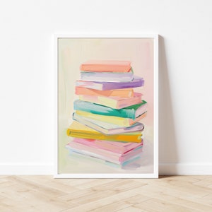 Pastel Book Stack Painting | Rainbow Reading Nook Wall Art Print ...