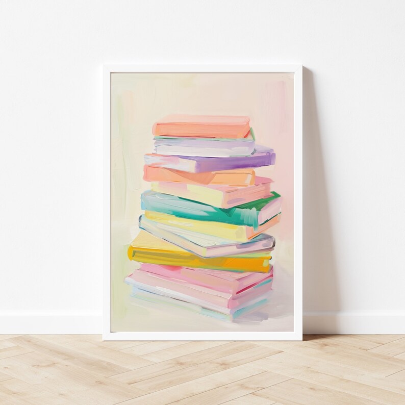 Pastel Book Stack Painting Rainbow Reading Nook Wall Art Print Colorful ...