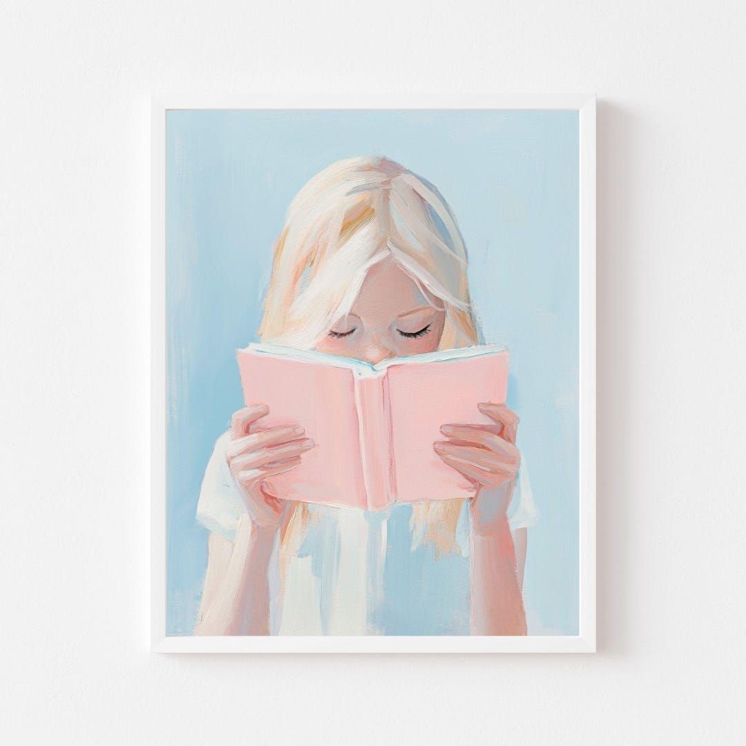 Tween Girl Reading Pink Book Wall Art Print | Blue Book Lover Painting ...