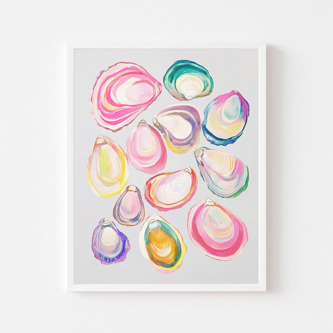 Rainbow Oyster Shells Painting | Beach House Seashell Wall Art Print ...