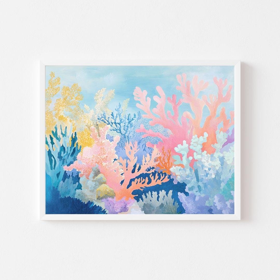 Colorful Ocean Coral Wall Art Print | Pastel Under the Sea Painting ...
