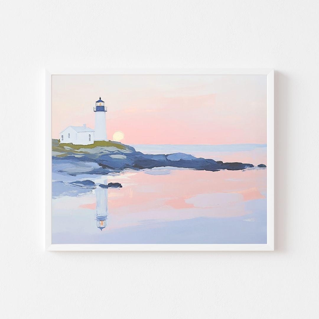 Pastel Lighthouse Landscape Painting | Coastal Summer Sunset Wall Art ...