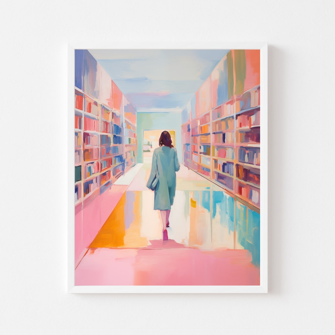 Pastel Watercolor Library Art Print: Woman Reading Nook (digital ...