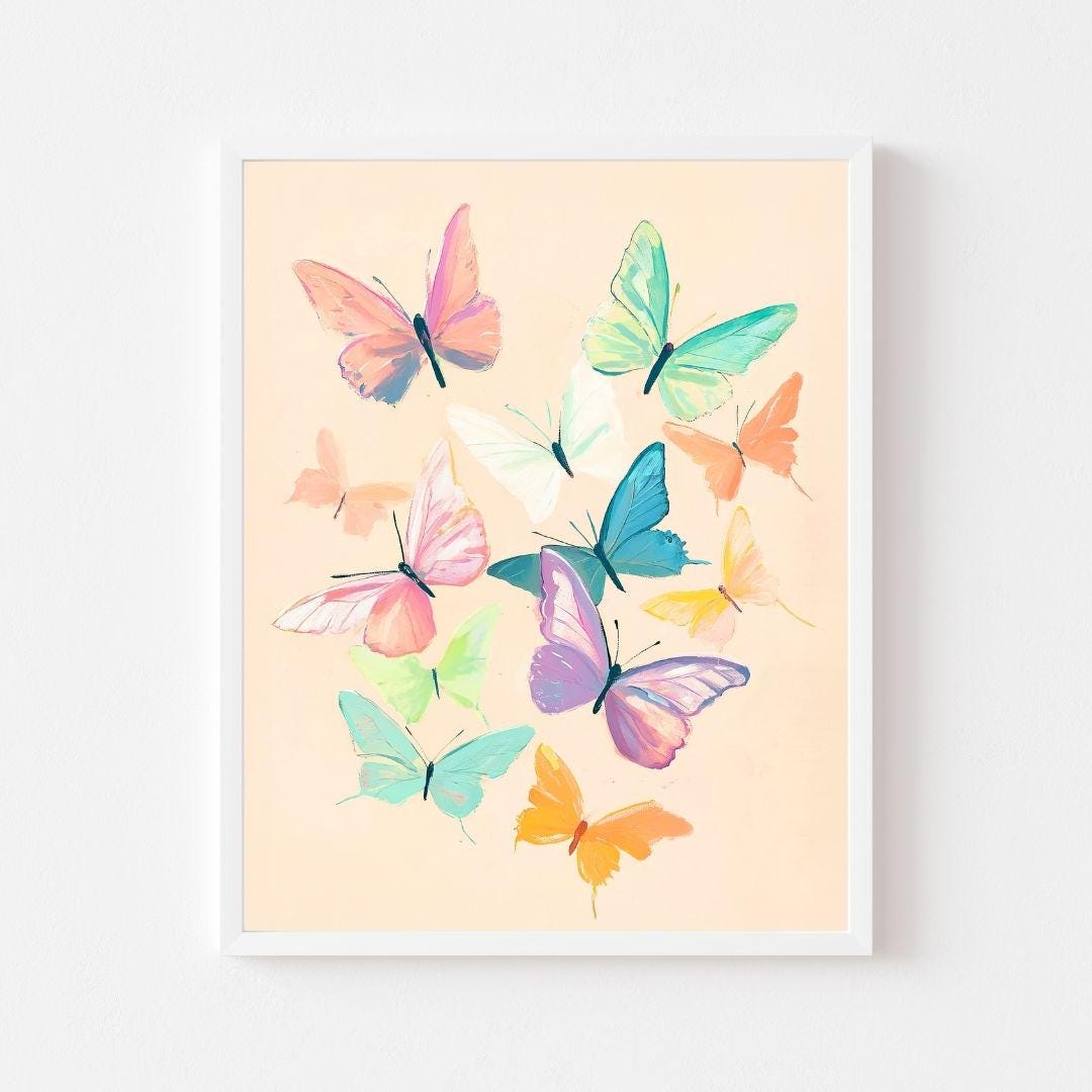 Pastel Butterflies Wall Art Print | Preppy Butterfly Girl's Room ...