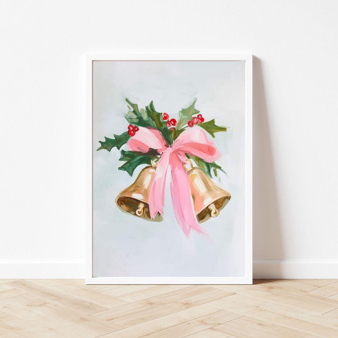 Christmas Bells Painting: Pink Bow, Holly, Retro Holiday Art (digital ...