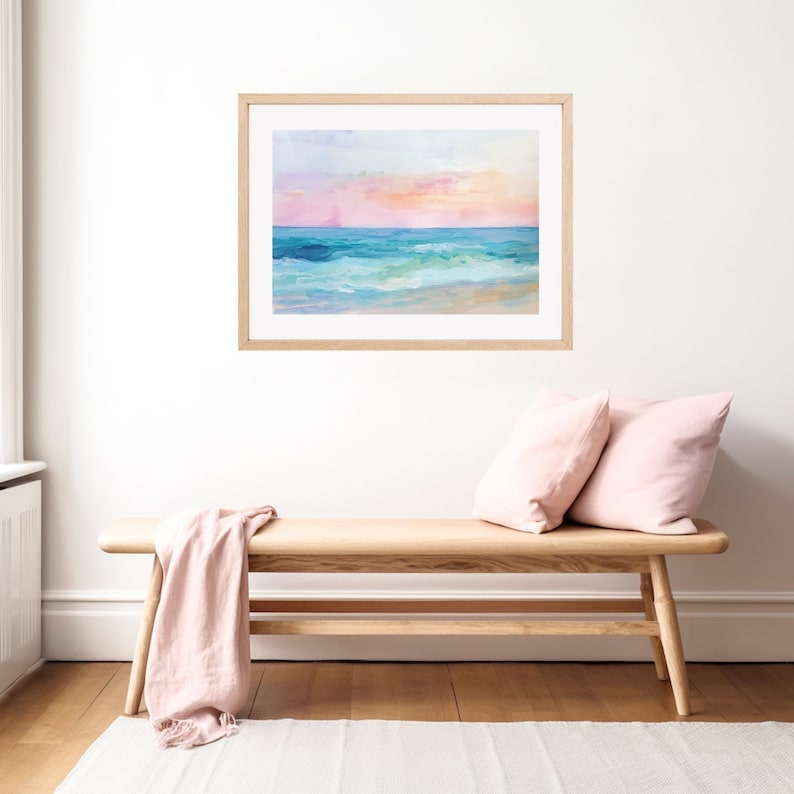Watercolor Ocean Sunset Print: Pastel Coastal Seascape (digital ...