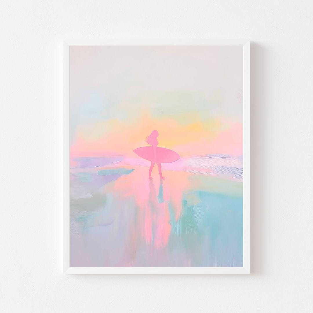 Pink Surfer Girl Silhouette Wall Art Print | Preppy Beach House ...