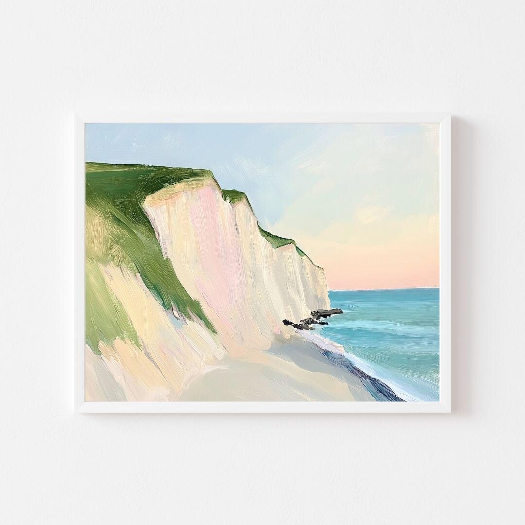 Coastal England Chalk Cliffs Painting | Pastel Landscape Wall Art Print ...