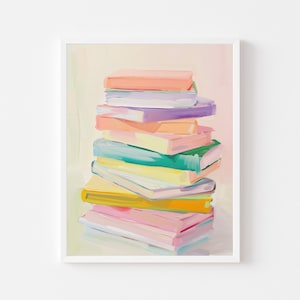 Pastel Book Stack Painting Rainbow Reading Nook Wall Art Print Colorful ...