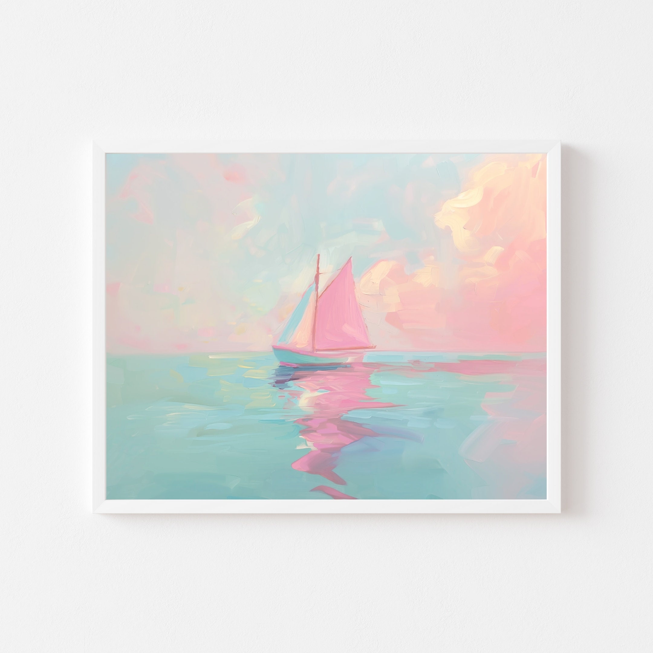 Colorful Pink Sailboat Painting Sunset Seascape Wall Art Print Vintage ...