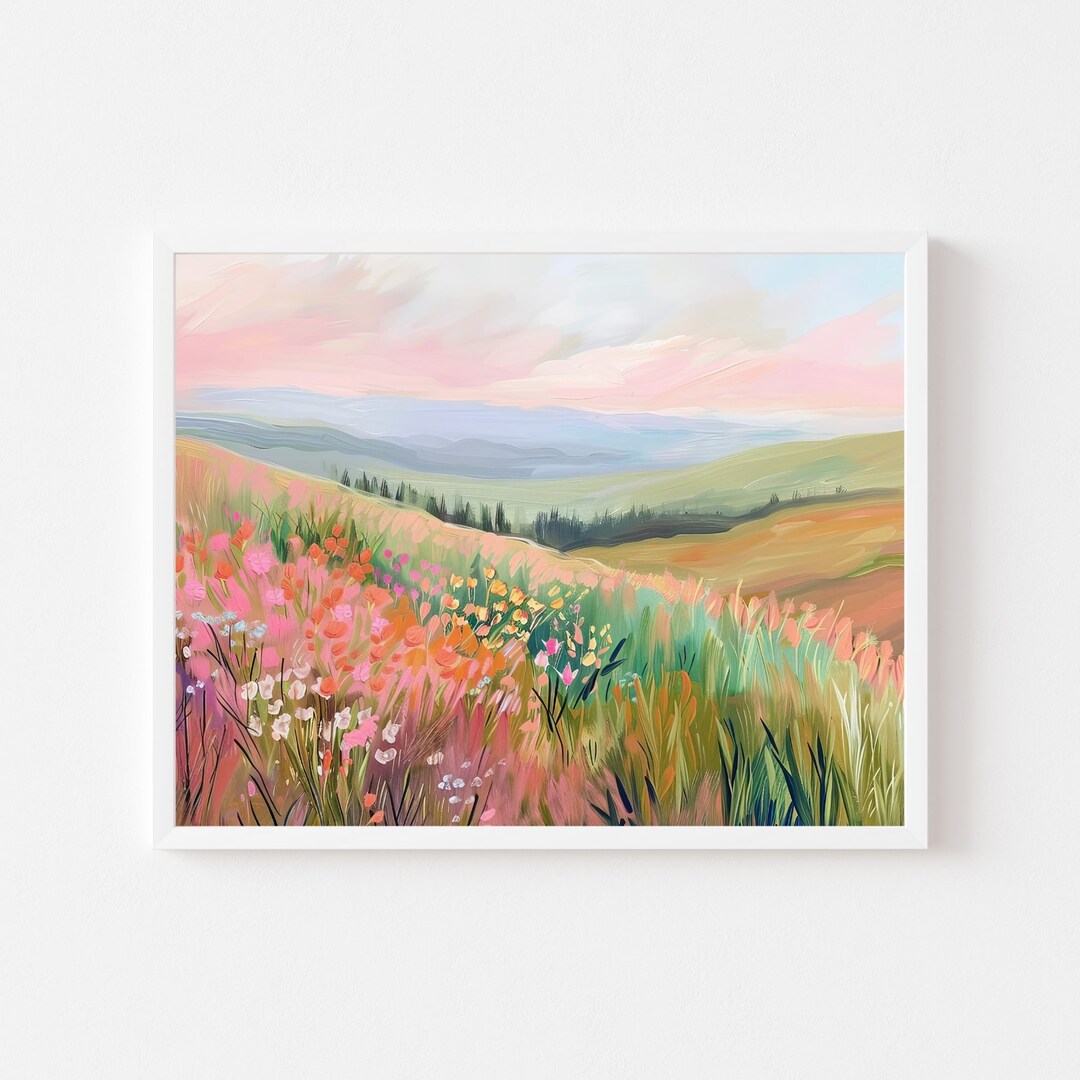 Colorful Autumn Meadow Landscape Painting | Fall Flower Field Wall Art ...