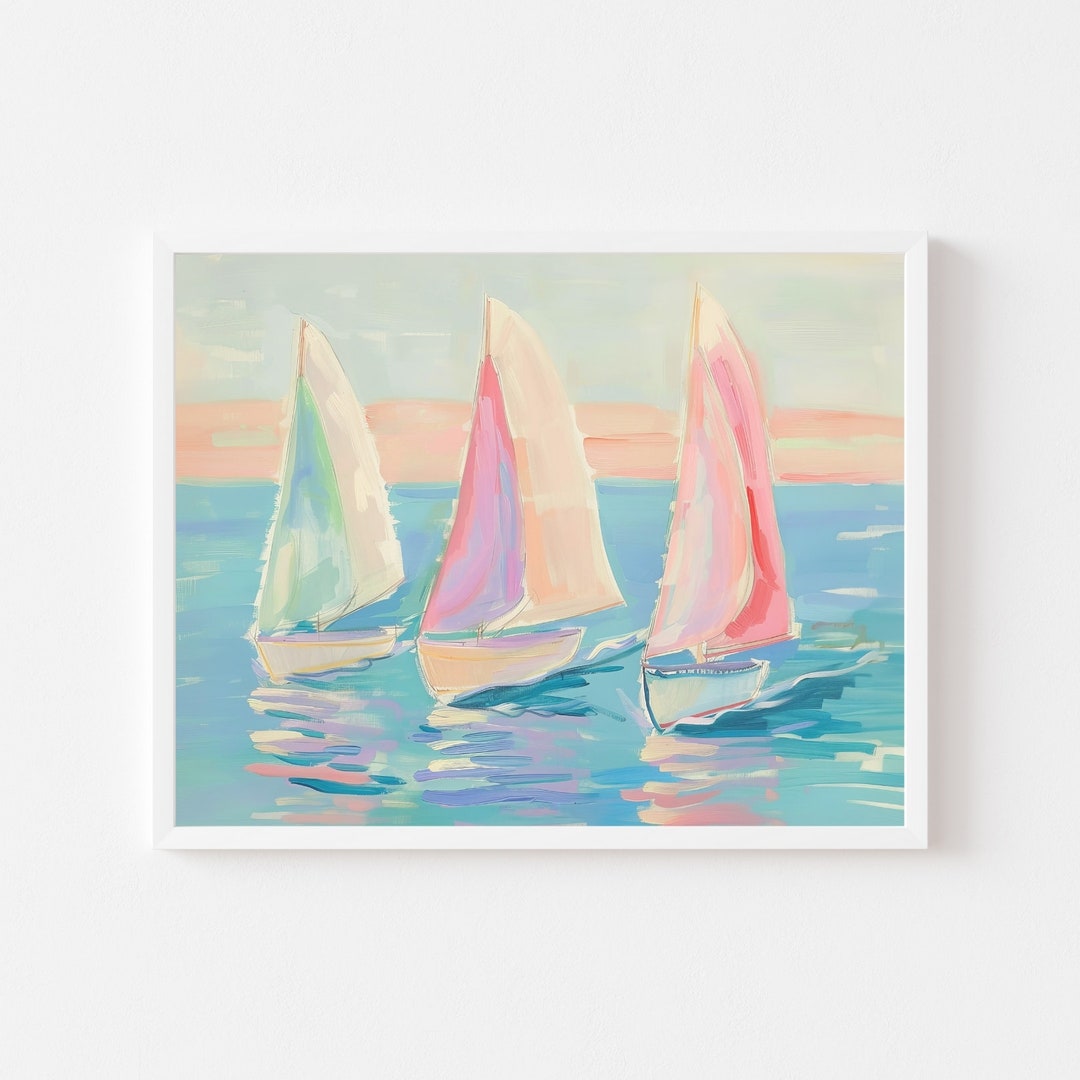 Pastel Sailboats Seascape Art Print: Vintage Coastal Decor (digital ...