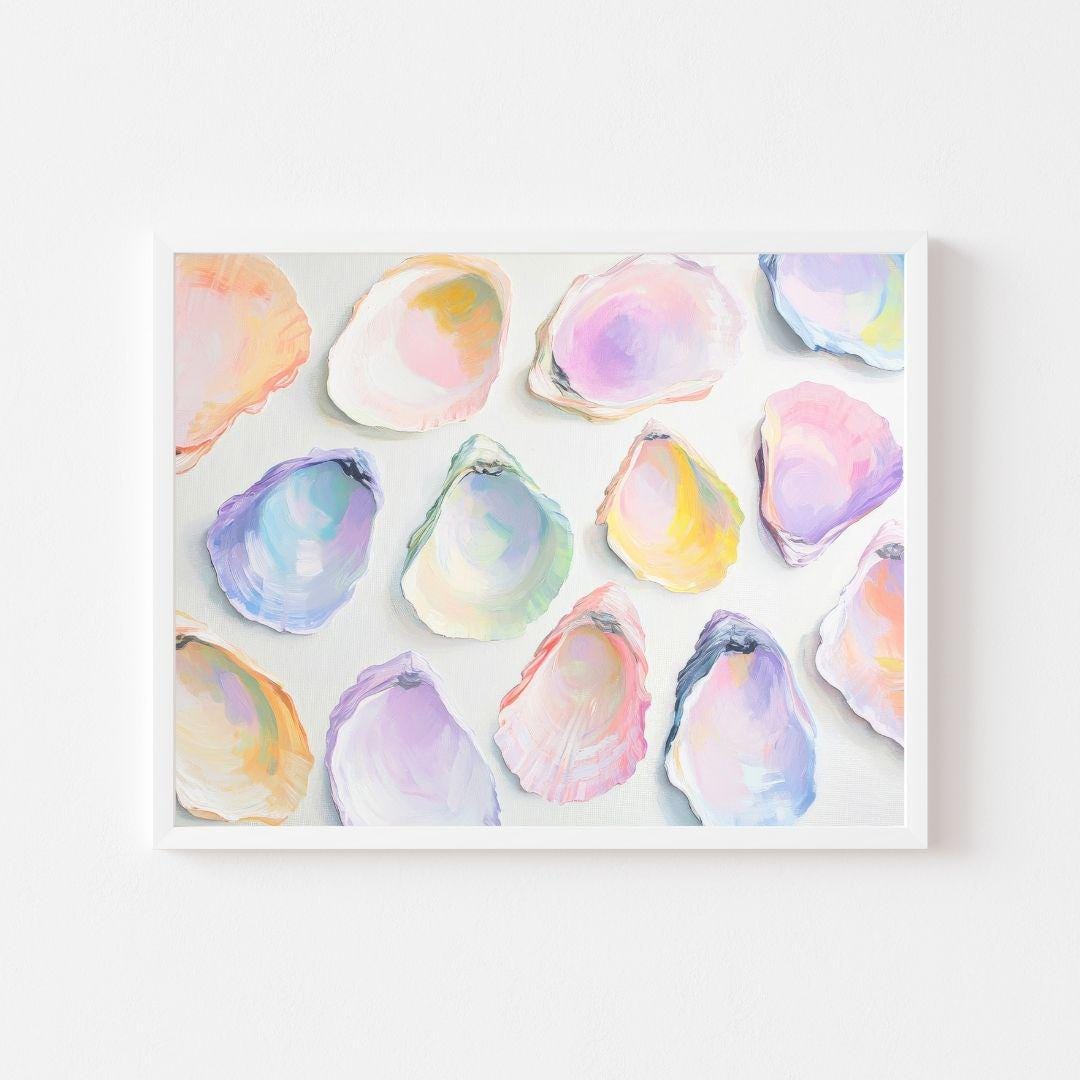 Pastel Rainbow Oyster Shells Painting | Abstract Coastal Beach House ...