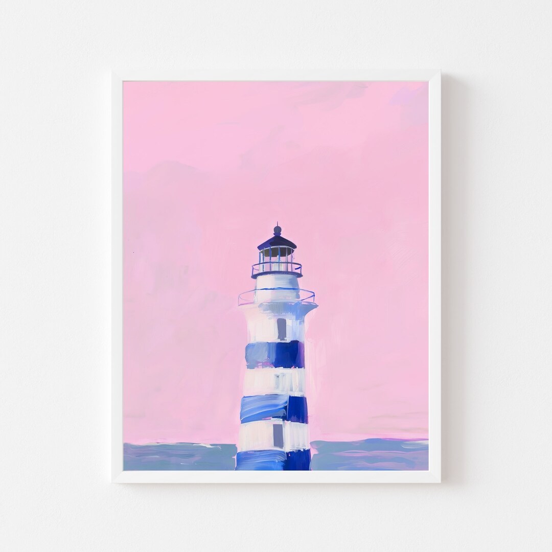 Blue Striped Lighthouse and Pink Sky Painting | Coastal Summer Wall Art ...