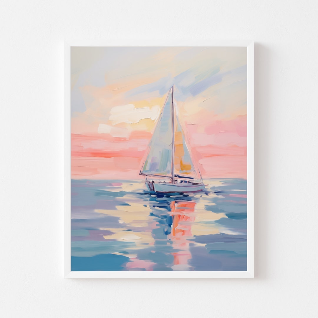 Pink Sailboat Sunset Art Print: Coastal Seascape (digital Download) - Etsy