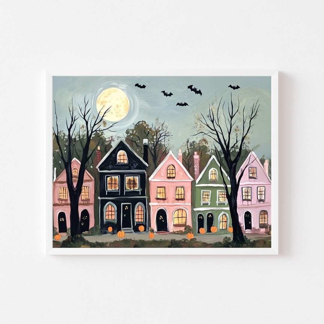 Pink Halloween Town Painting | Pastel Haunted House Village Art ...