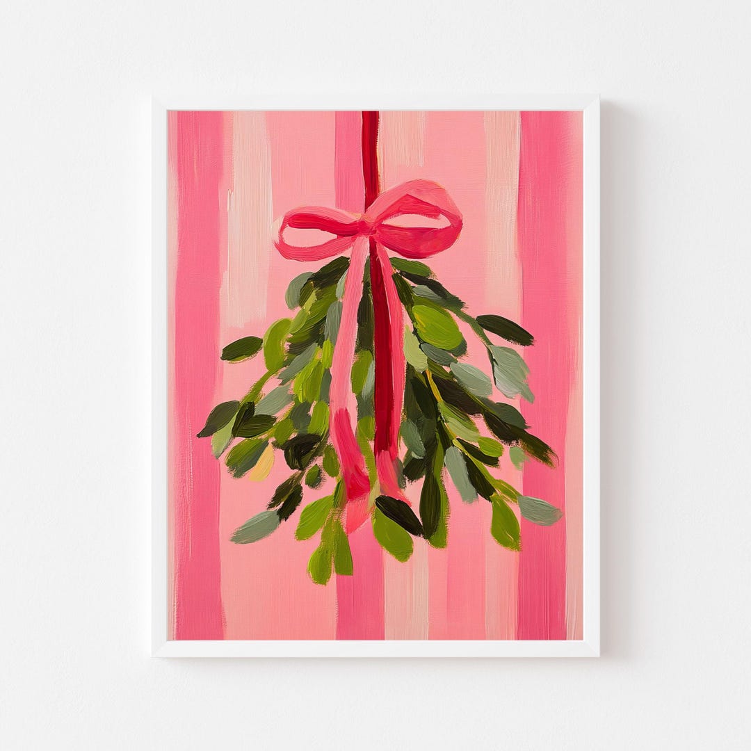 Mistletoe With Red Bow Painting | Pink Christmas Wall Art Print | Girly ...