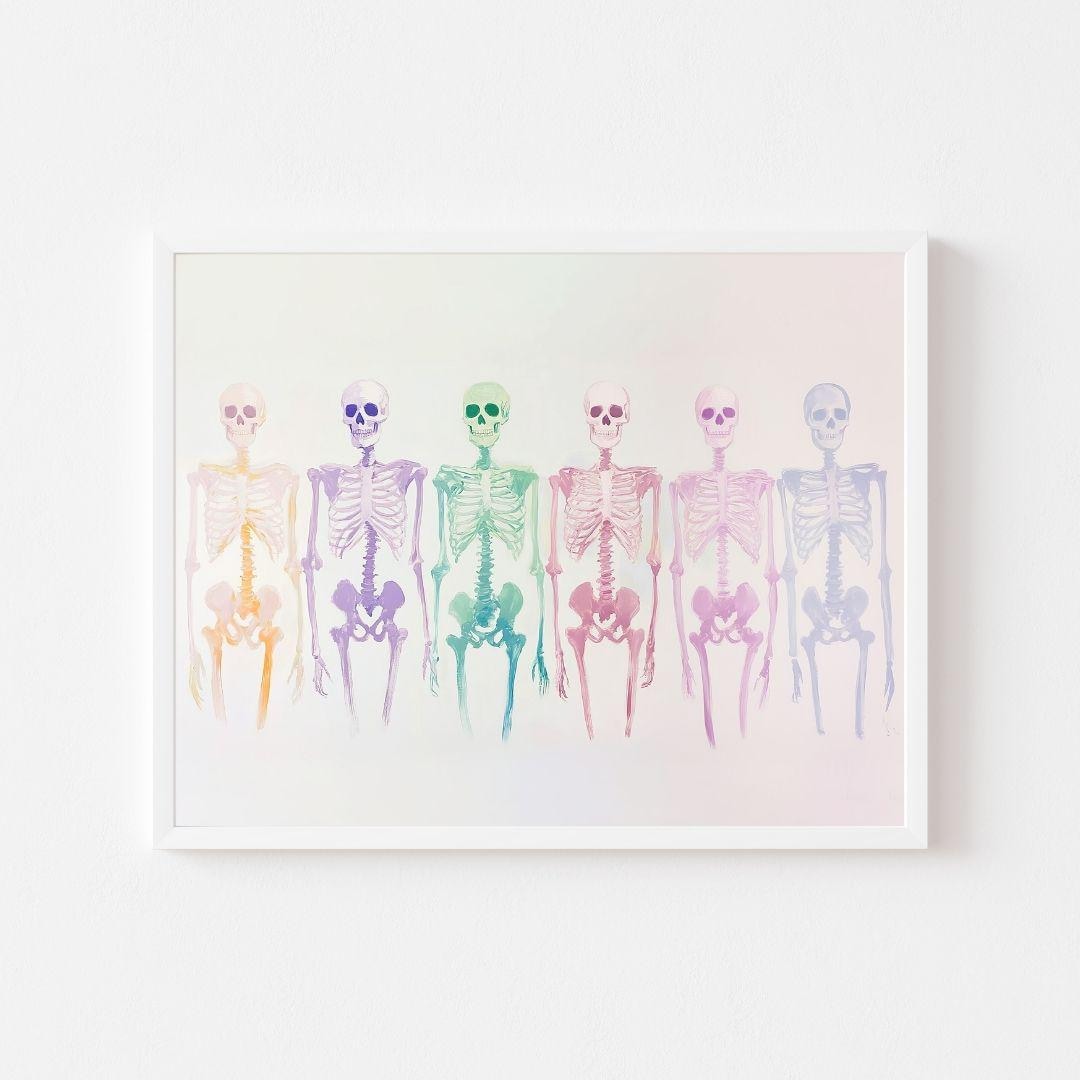 Rainbow Skeletons Painting | Pink Halloween Wall Art Print | Colorful ...