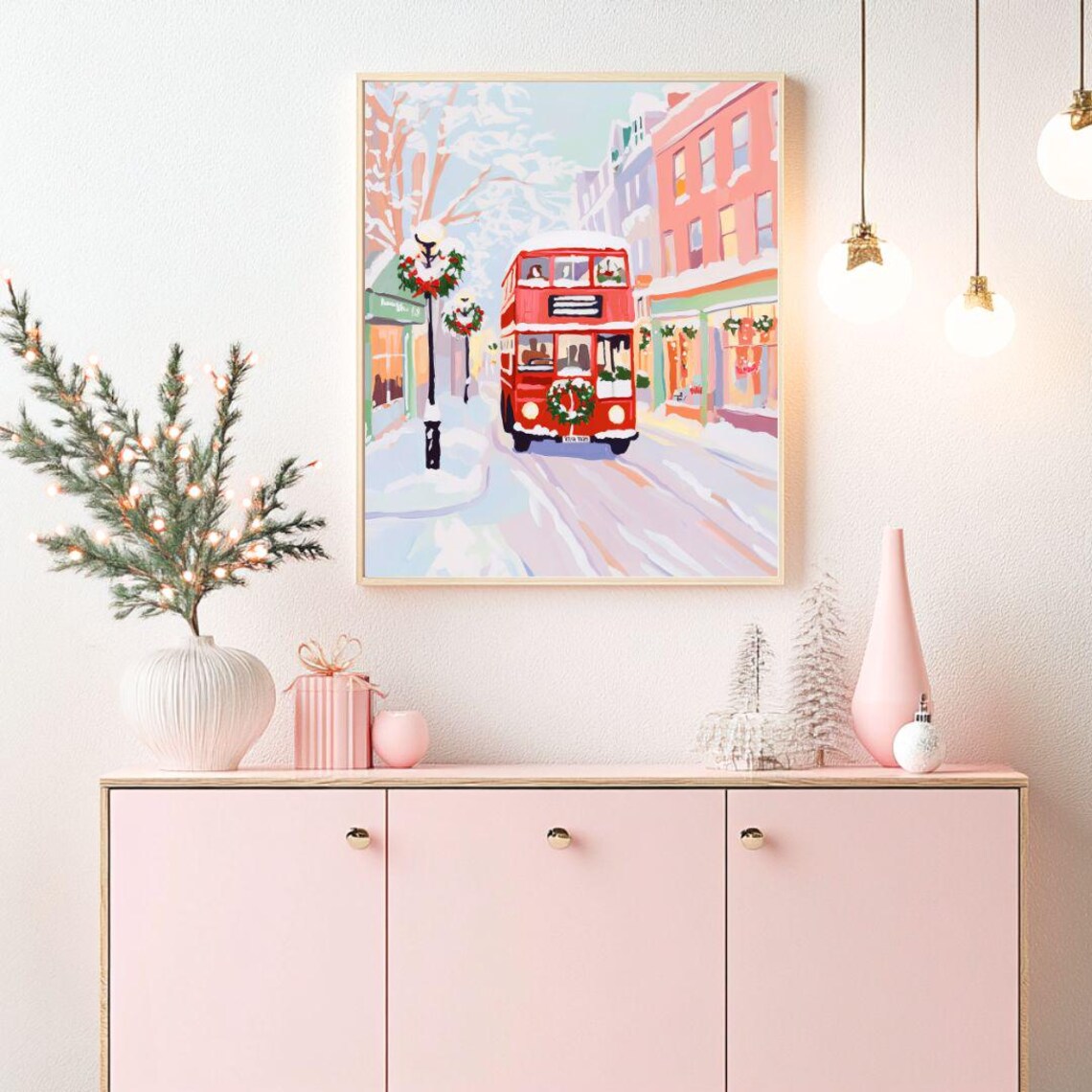 Christmas in London Print: Pink Winter Bus, Snowy City (digital ...