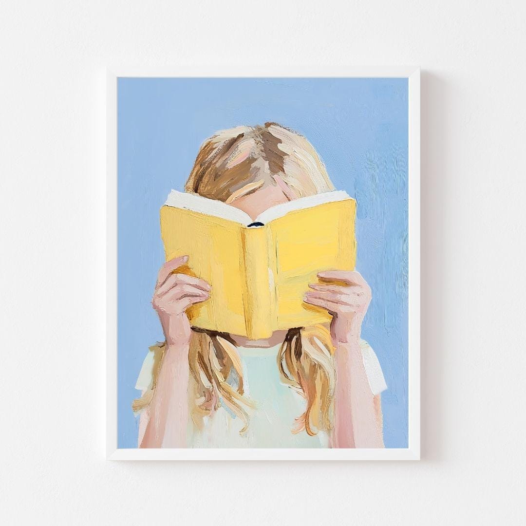 Blonde Girl Reading Yellow Book Painting | Pastel Book Nook Wall Art ...