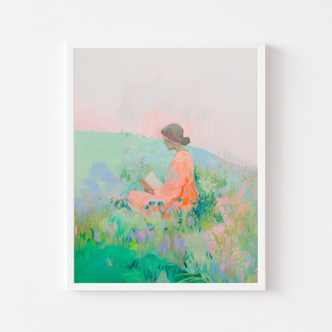 Woman Reading in Meadow Painting | Colorful Girl Book Nook Wall Art ...