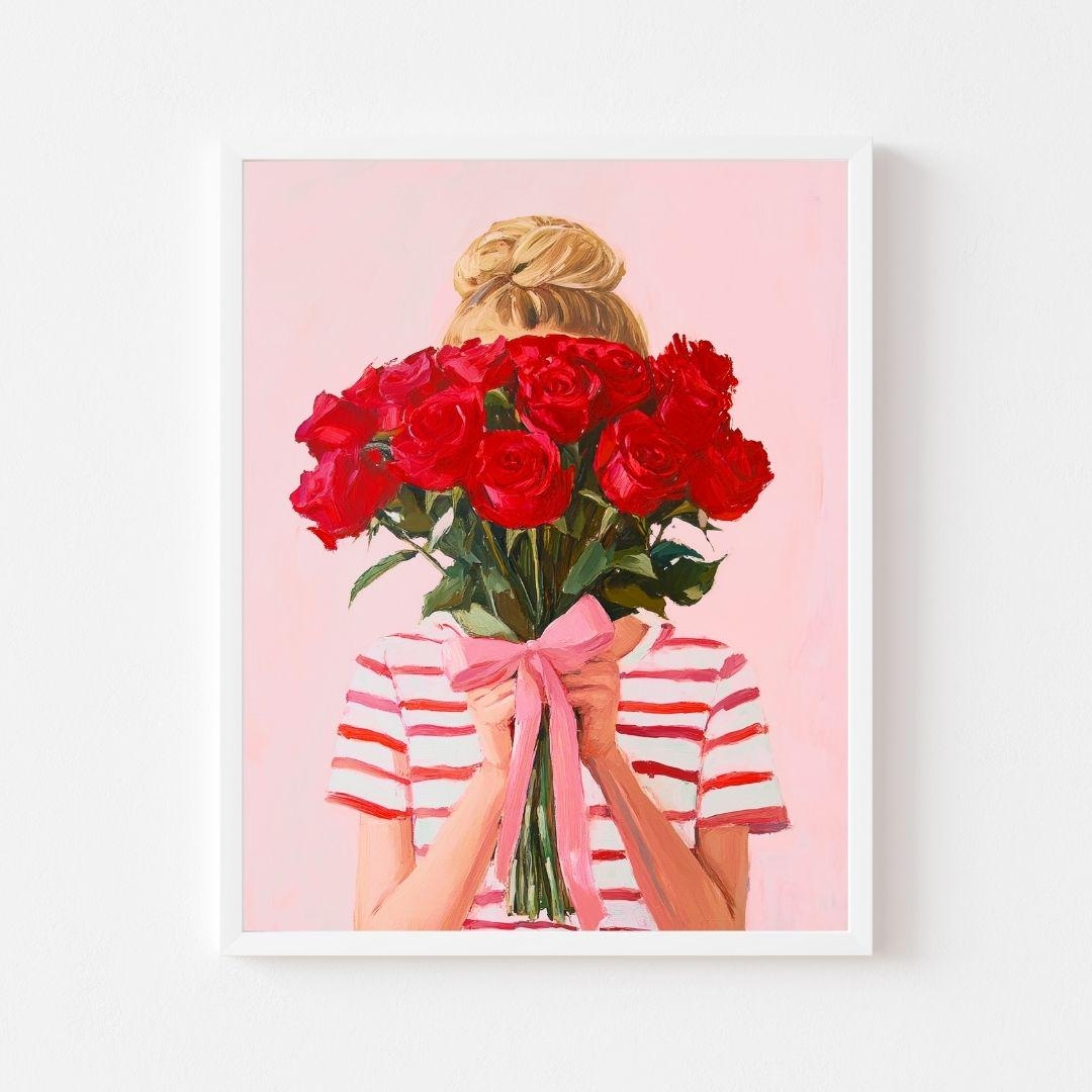 Girl Holding Red Rose Bouquet Painting | Valentine's Day Wall Art Print ...