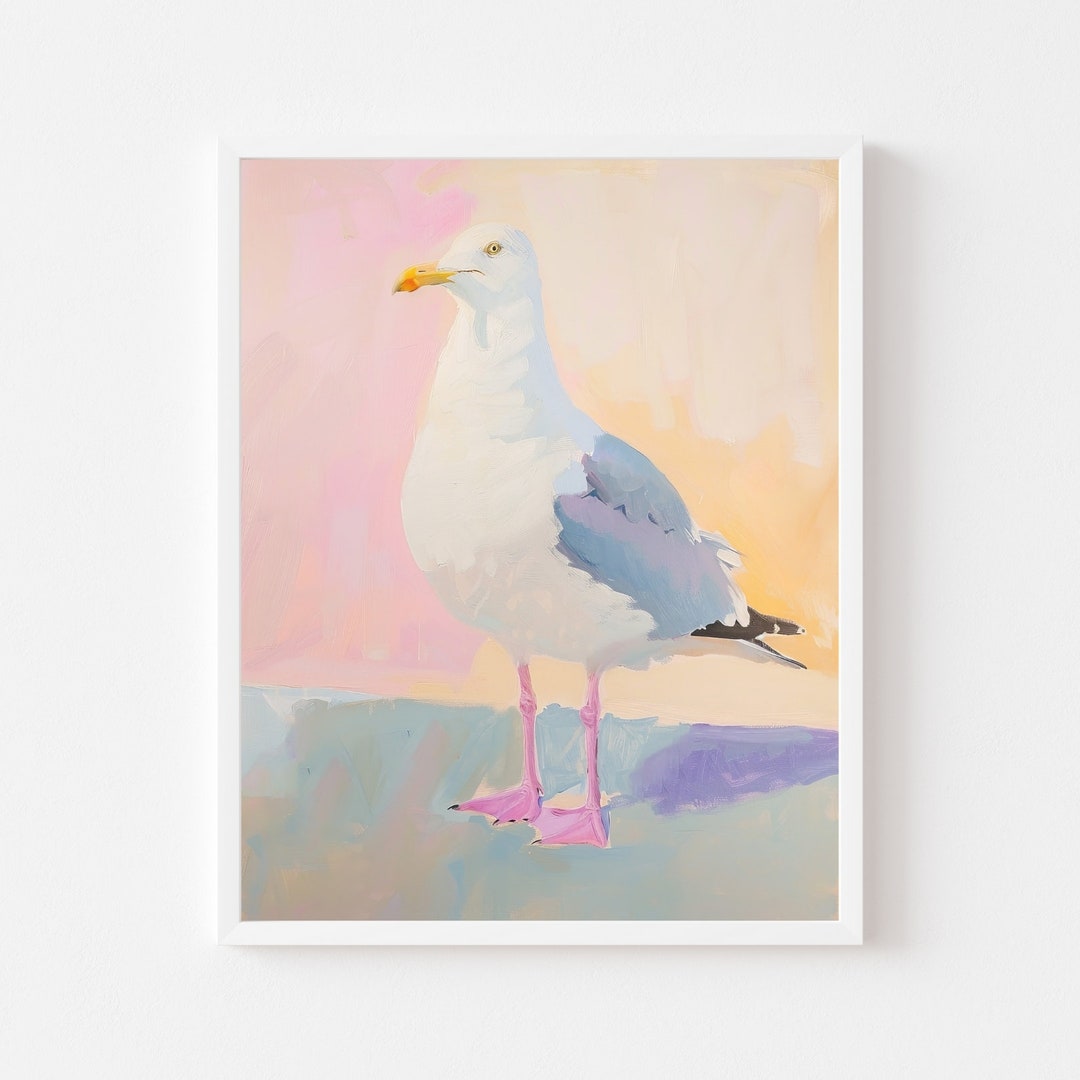 Pink Seagull Painting: Coastal Beach House Art (digital Download) - Etsy
