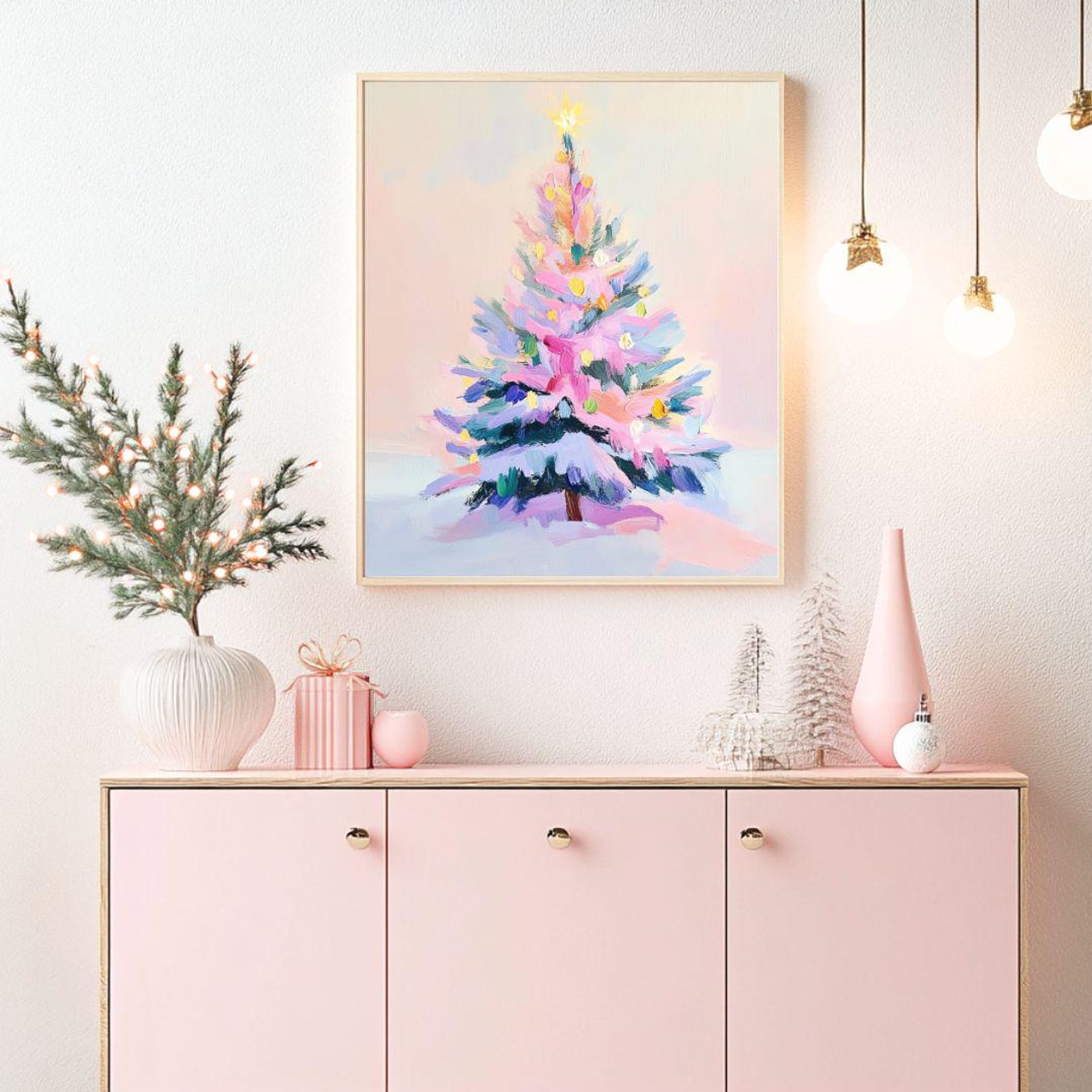 Pastel Christmas Tree Painting: Rainbow Lights Holiday Print (digital ...