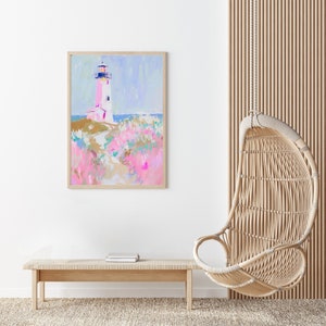 Pastel Lighthouse Painting: Pink Coastal New England Art (digital ...